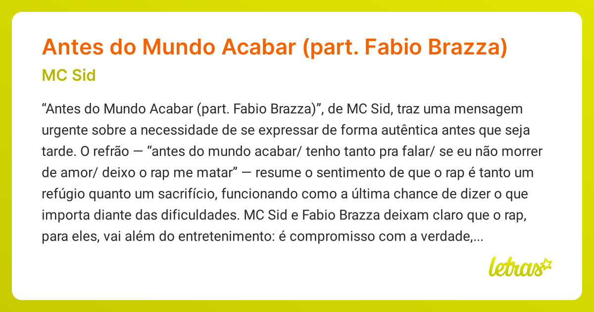 Significado da música Antes do Mundo Acabar (part. Fabio Brazza) (MC ...