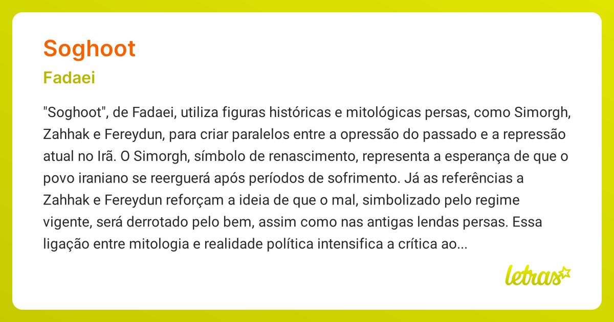 Significado da música SOGHOOT (Fadaei) - LETRAS.MUS.BR