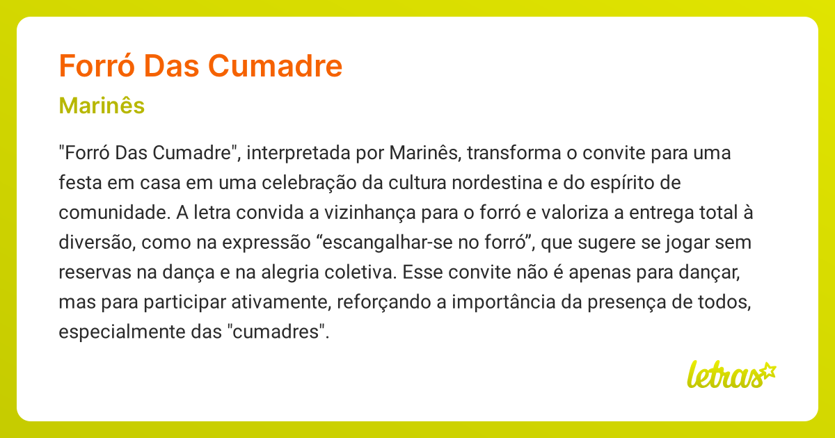Significado da música FORRÓ DAS CUMADRE (Marinês) - LETRAS.MUS.BR
