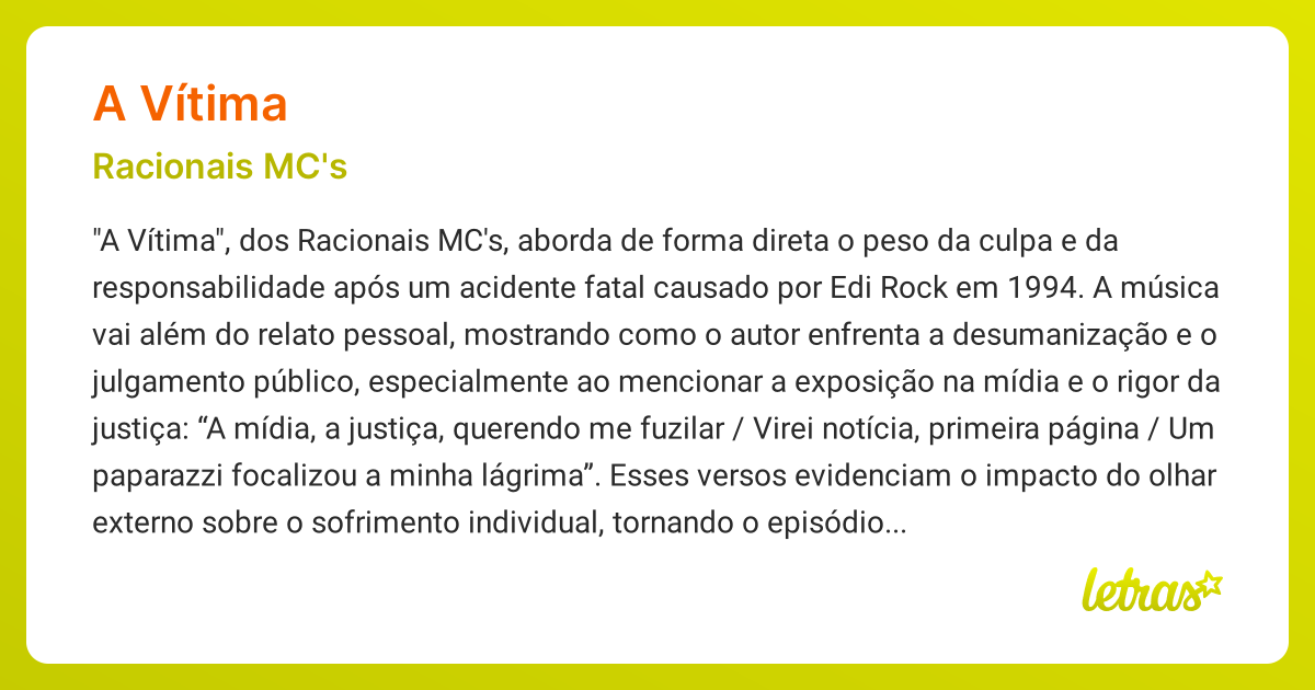 Significado da música A VÍTIMA (Racionais MC's) - LETRAS.MUS.BR