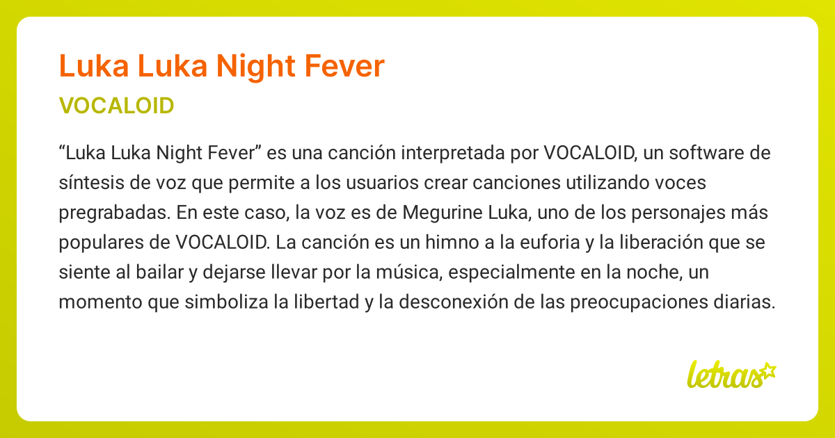 Significado de la canción LUKA LUKA NIGHT FEVER (VOCALOID) - LETRAS.COM