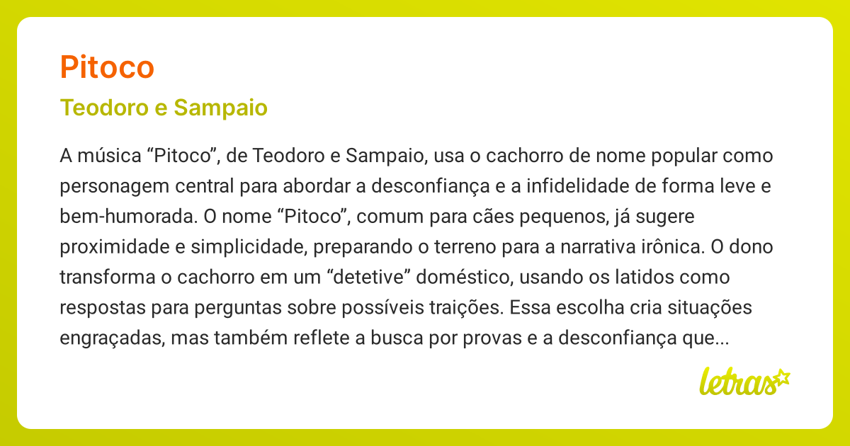 Significado da música PITOCO (Teodoro e Sampaio) - LETRAS.MUS.BR