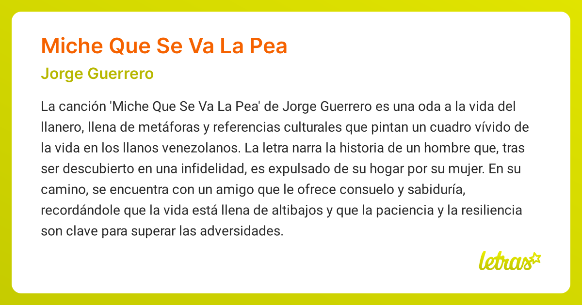 Significado de la canción MICHE QUE SE VA LA PEA (Jorge Guerrero ...