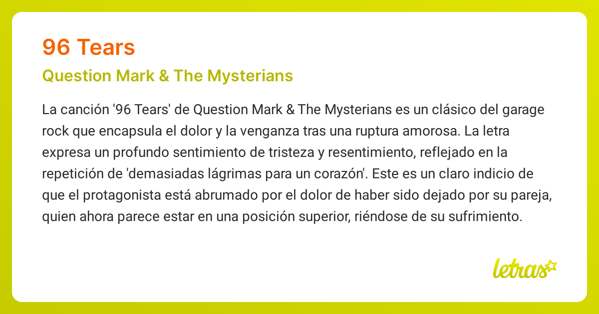 Significado de la canción 96 TEARS (Question Mark & The Mysterians ...