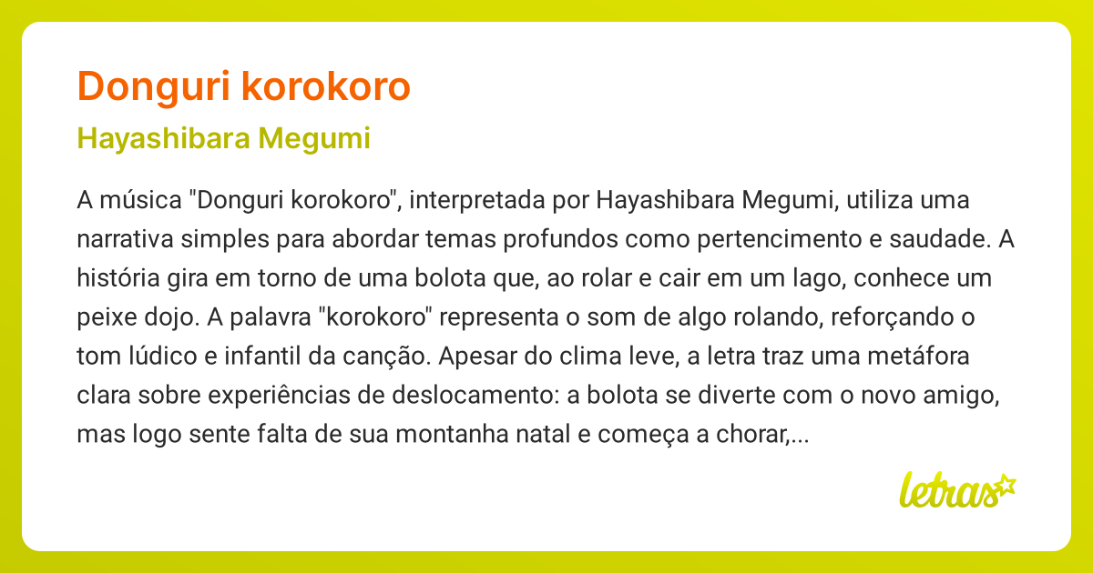 Significado da música DONGURI KOROKORO (Hayashibara Megumi) - LETRAS.MUS.BR