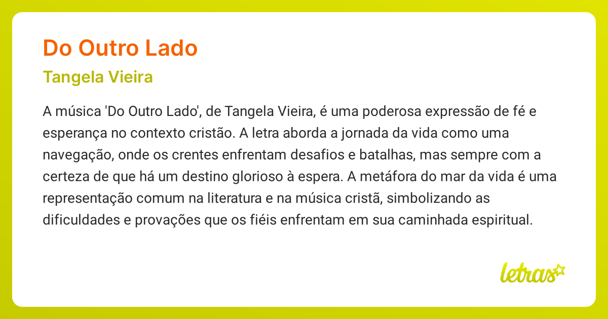 Significado da música DO OUTRO LADO (Tangela Vieira) - LETRAS.MUS.BR