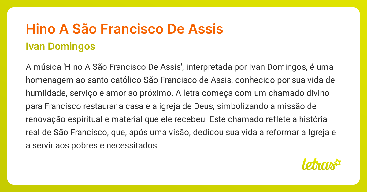 Significado da música HINO A SÃO FRANCISCO DE ASSIS (Ivan Domingos ...