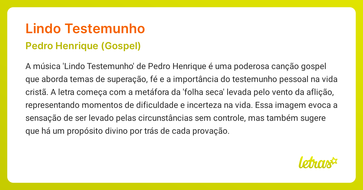 Significado da música LINDO TESTEMUNHO (Pedro Henrique (Gospel ...