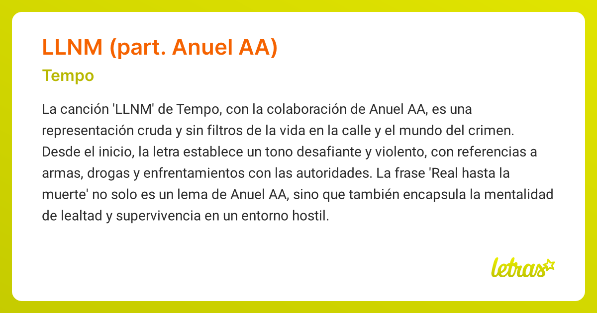 Significado de la canción LLNM (PART. ANUEL AA) (Tempo) - LETRAS.COM