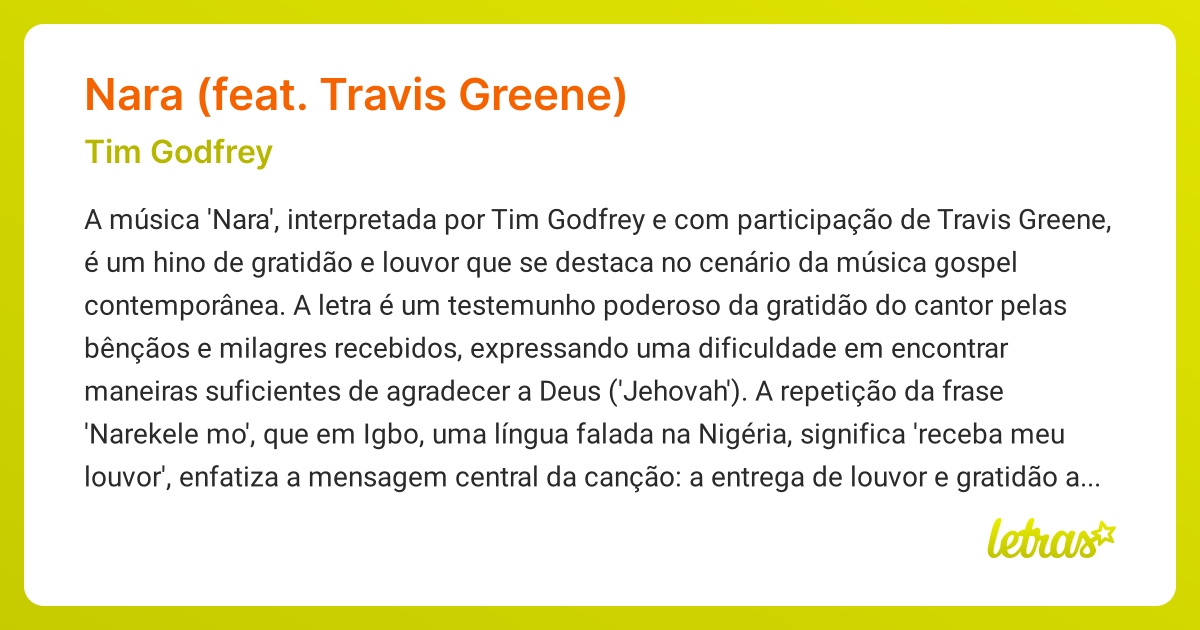 Significado da música NARA (FEAT. TRAVIS GREENE) (Tim Godfrey) - LETRAS ...