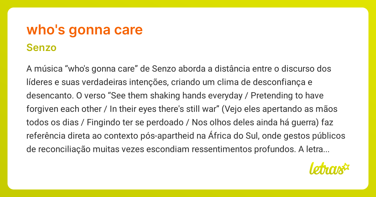 Significado da música WHO'S GONNA CARE (Senzo) - LETRAS.MUS.BR