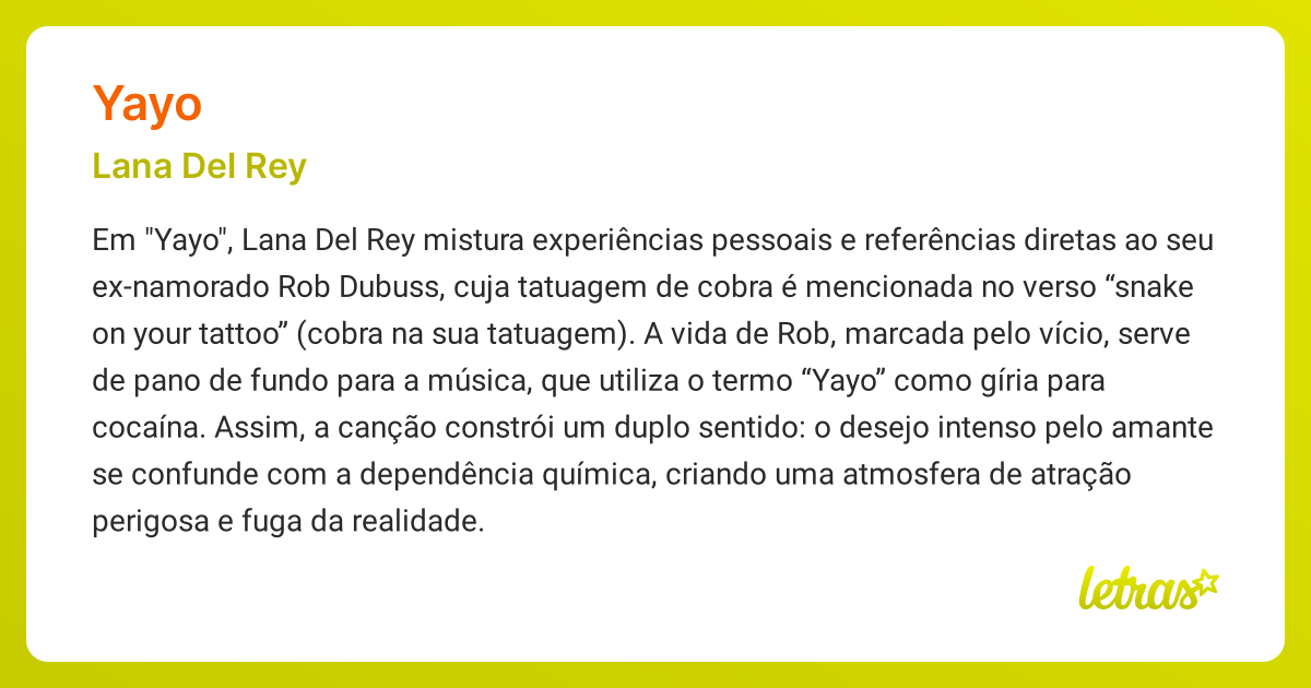 Significado da música YAYO (Lana Del Rey) - LETRAS.MUS.BR