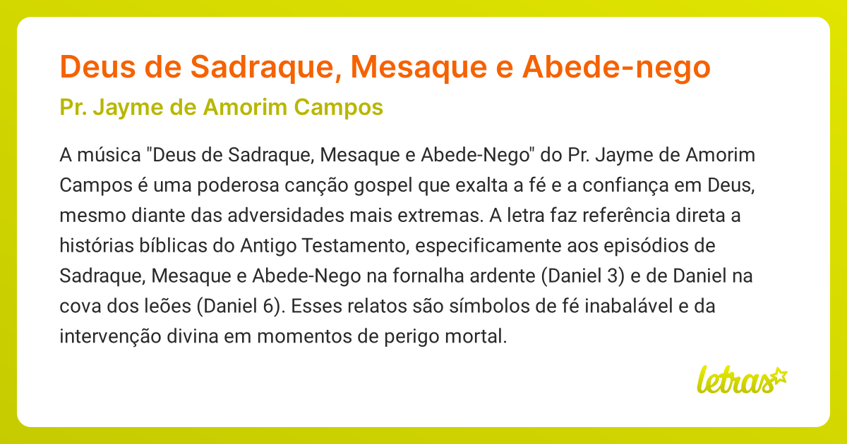 Significado da música Deus de Sadraque, Mesaque e Abede-nego (Pr. Jayme ...