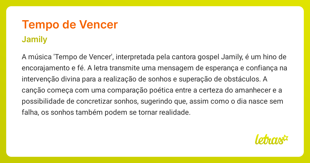 Significado da música TEMPO DE VENCER (Jamily) - LETRAS.MUS.BR