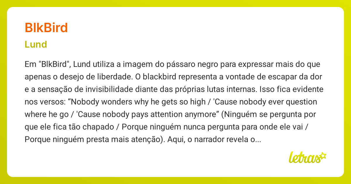 Significado da música BLKBIRD (Lund) - LETRAS.MUS.BR