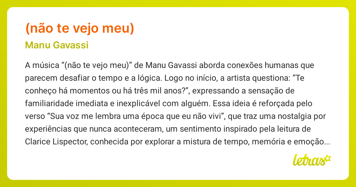 Significado da música (NÃO TE VEJO MEU) (Manu Gavassi) - LETRAS.MUS.BR