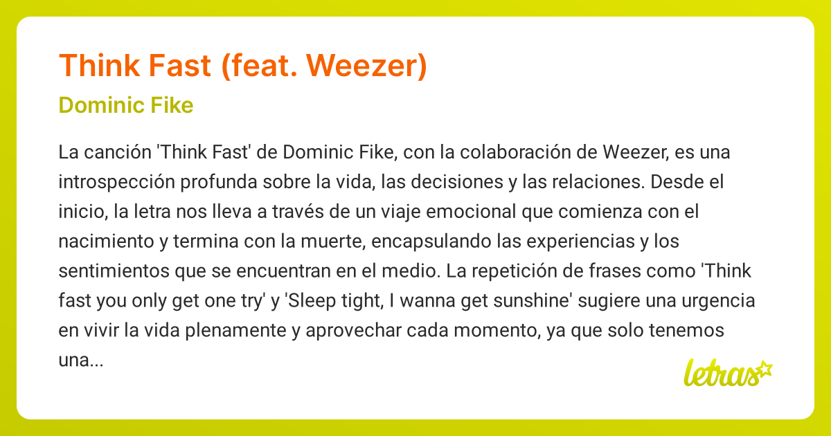 Significado de la canción THINK FAST (FEAT. WEEZER) (Dominic Fike ...