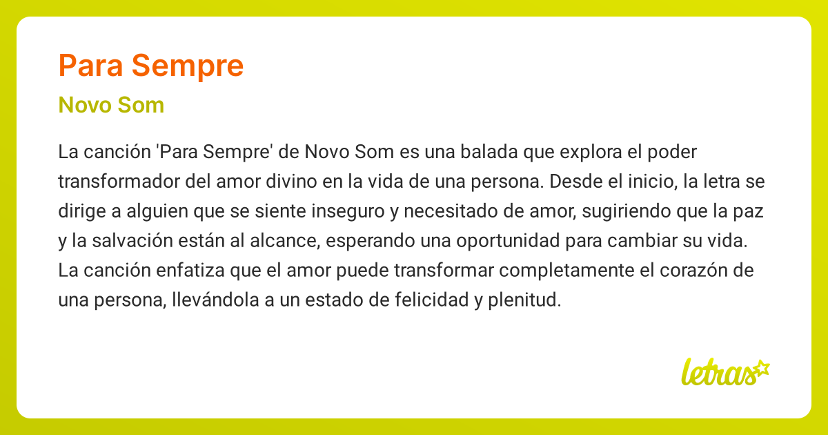 Significado de la canción PARA SEMPRE (Novo Som) - LETRAS.COM