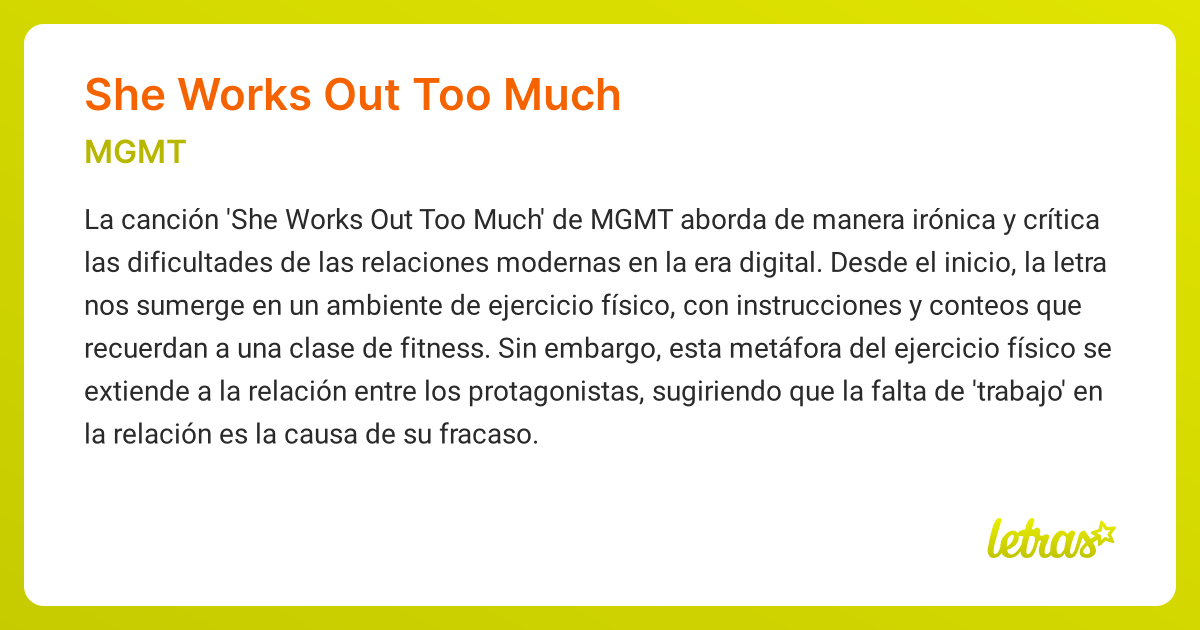 Significado de la canción SHE WORKS OUT TOO MUCH (MGMT) - LETRAS.COM