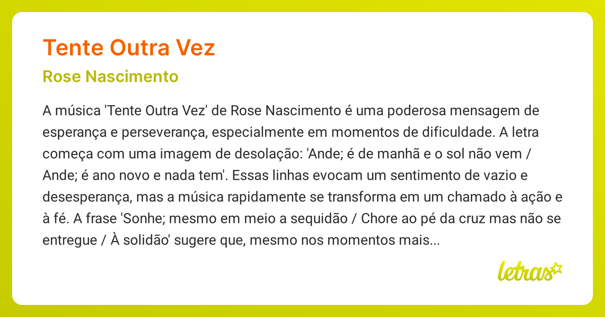 Significado da música TENTE OUTRA VEZ (Rose Nascimento) - LETRAS.MUS.BR
