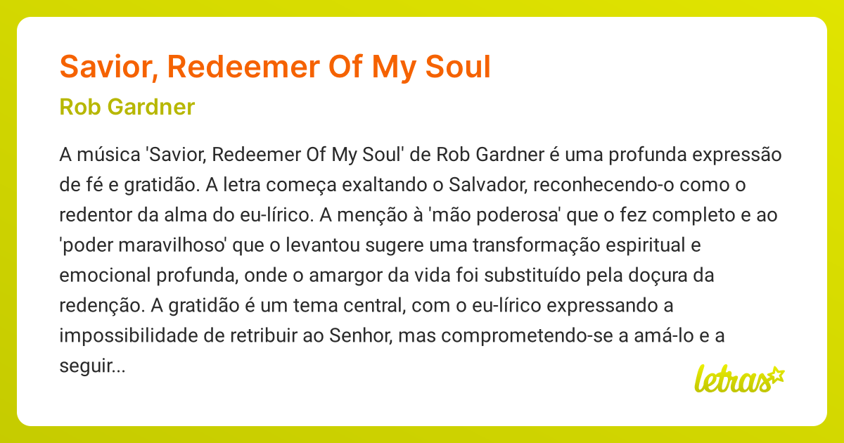 Significado da música SAVIOR, REDEEMER OF MY SOUL (Rob Gardner ...