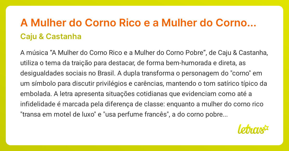 Significado Da Música A Mulher Do Corno Rico E A Mulher Do Corno Pobre