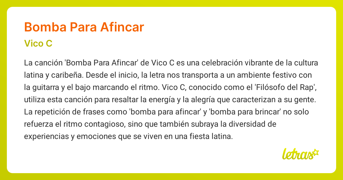 Significado de la canción BOMBA PARA AFINCAR (Vico C) - LETRAS.COM