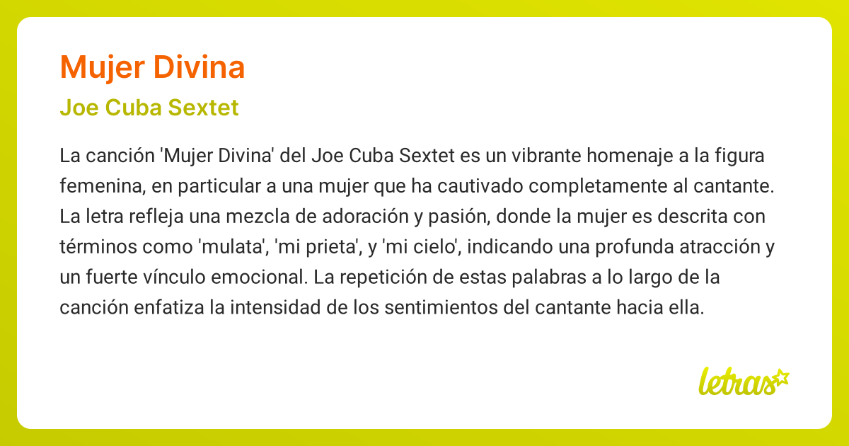 Significado de la canción MUJER DIVINA (Joe Cuba Sextet) - LETRAS.COM