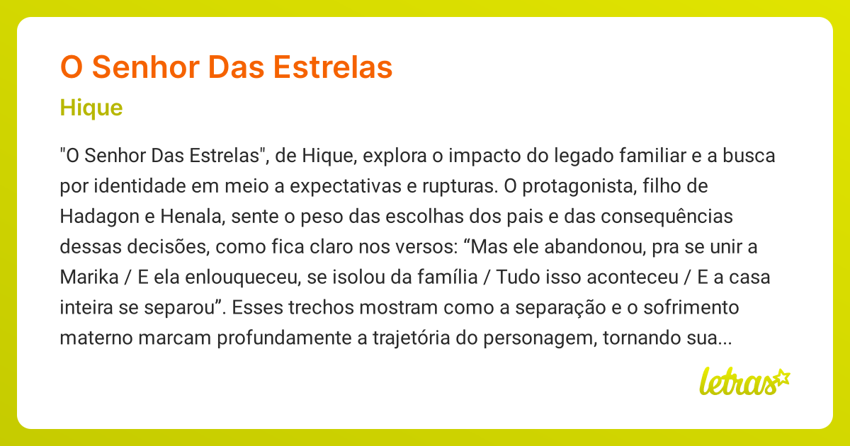 Significado da música O SENHOR DAS ESTRELAS (Hique) - LETRAS.MUS.BR
