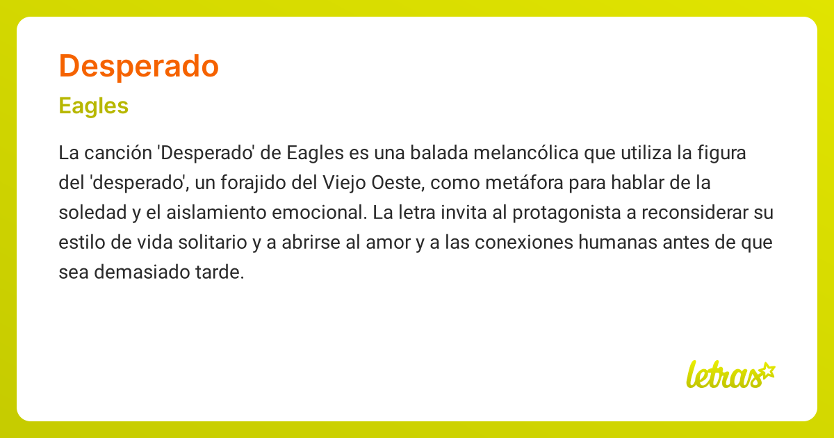 Significado de la canción DESPERADO (Eagles) - LETRAS.COM