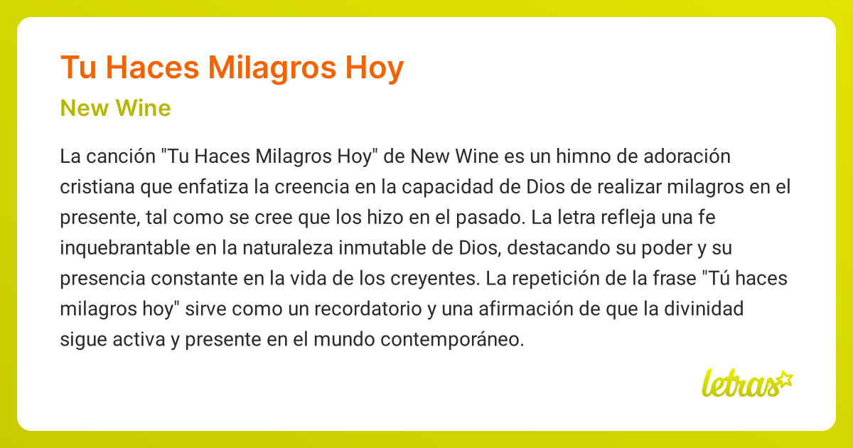 Significado de la canción TU HACES MILAGROS HOY (New Wine) - LETRAS.COM