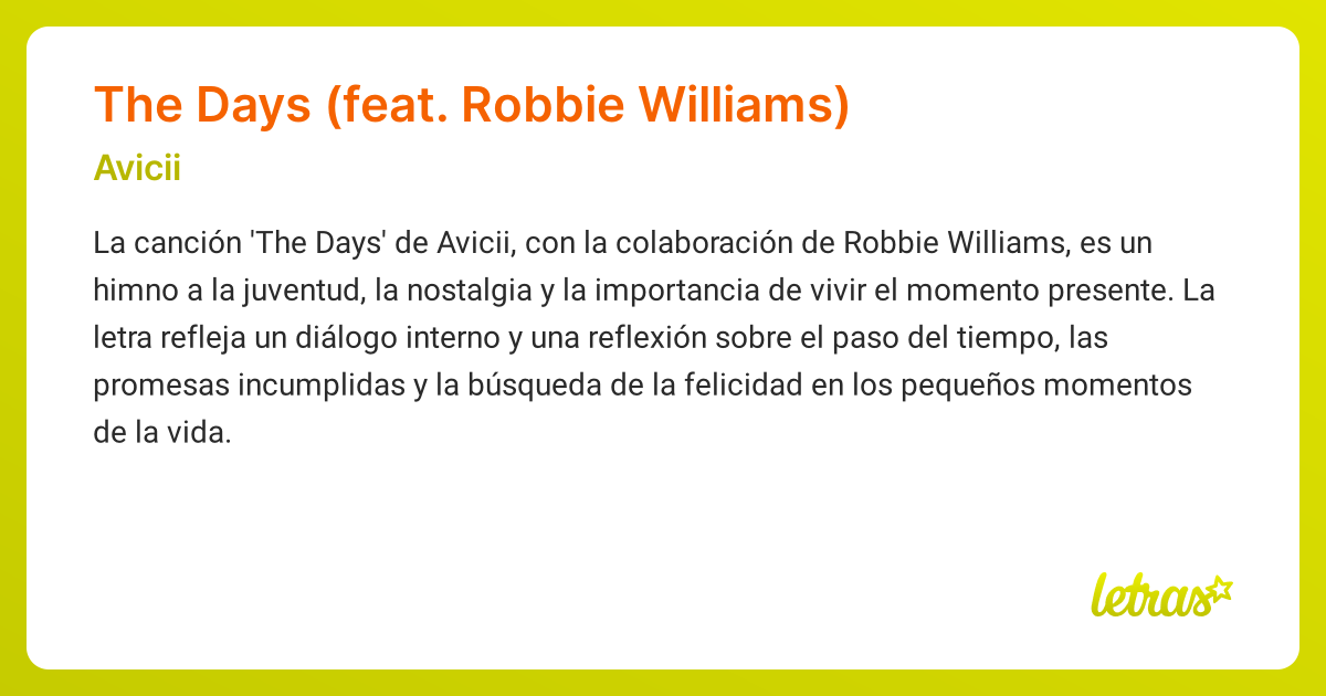 Significado de la canción The Days (feat. Robbie Williams) (Avicii ...