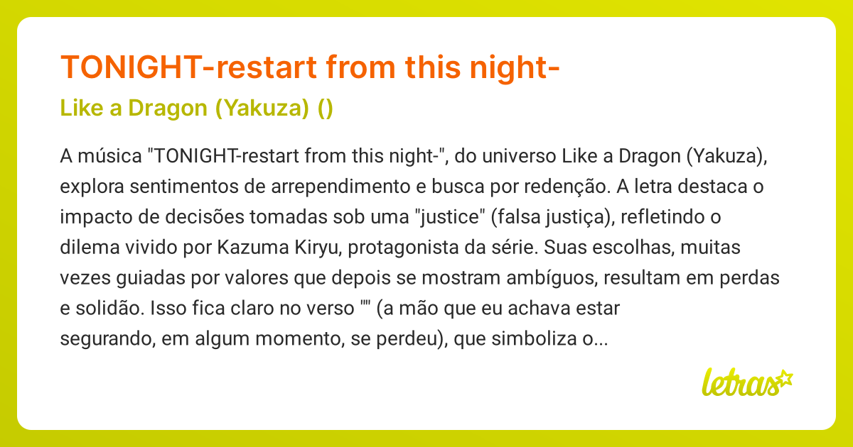 Significado da música TONIGHT-restart from this night- (Like a Dragon ...
