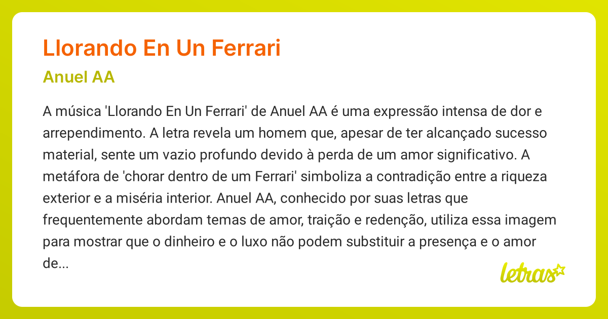 Significado da música LLORANDO EN UN FERRARI (Anuel AA) - LETRAS.MUS.BR