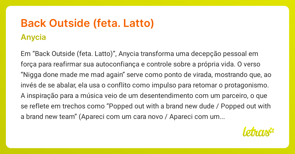 Significado da música BACK OUTSIDE (FETA. LATTO) (Anycia) - LETRAS.MUS.BR