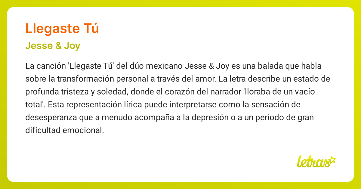 Significado de la canción LLEGASTE TÚ (Jesse & Joy) - LETRAS.COM
