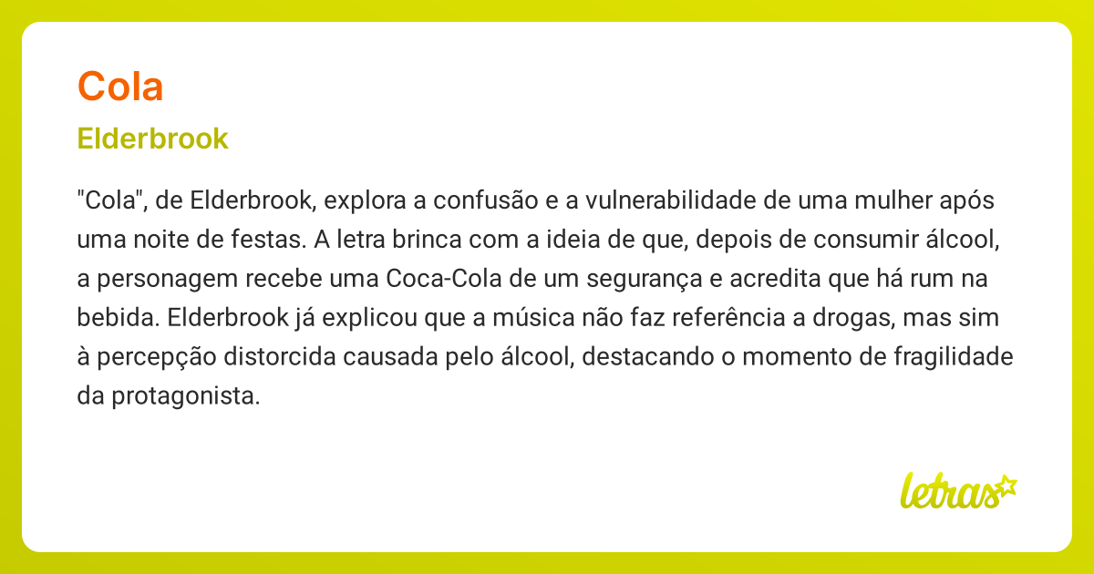 Significado da música COLA (Elderbrook) - LETRAS.MUS.BR