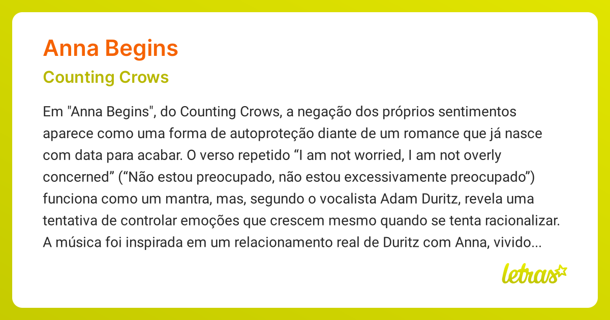 Significado da música ANNA BEGINS (Counting Crows) - LETRAS.MUS.BR