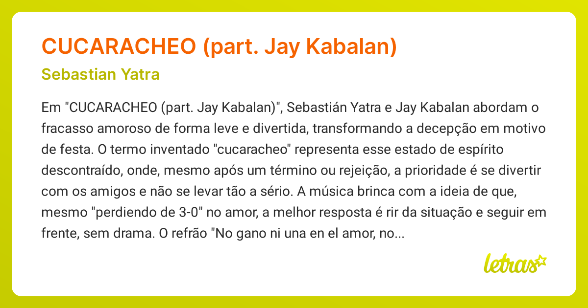 Significado da música CUCARACHEO (PART. JAY KABALAN) (Sebastian Yatra ...