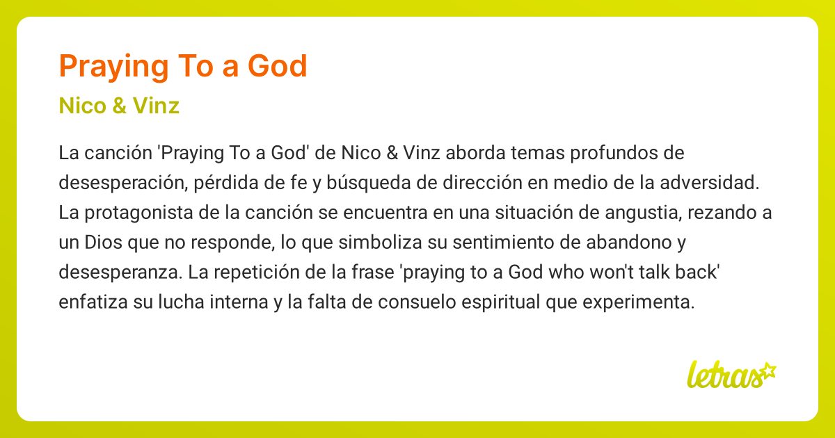 Significado de la canción PRAYING TO A GOD (Nico & Vinz) - LETRAS.COM
