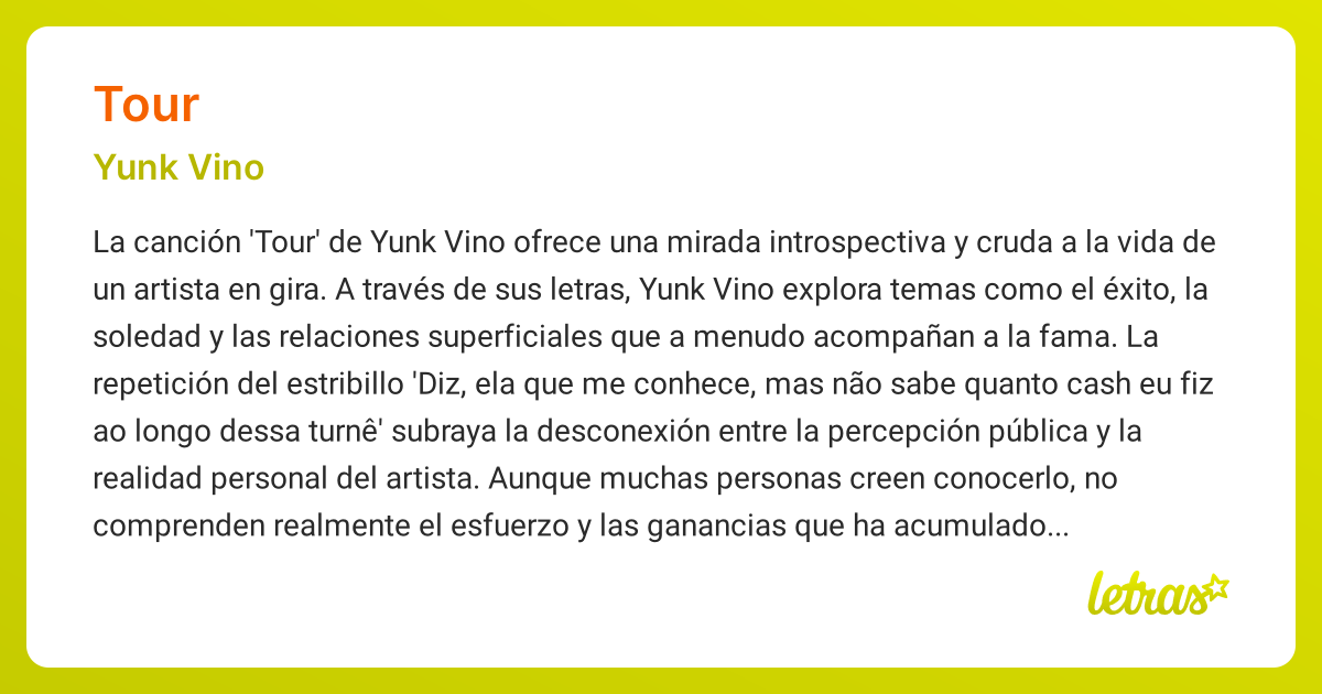 Significado de la canción TOUR (Yunk Vino) - LETRAS.COM