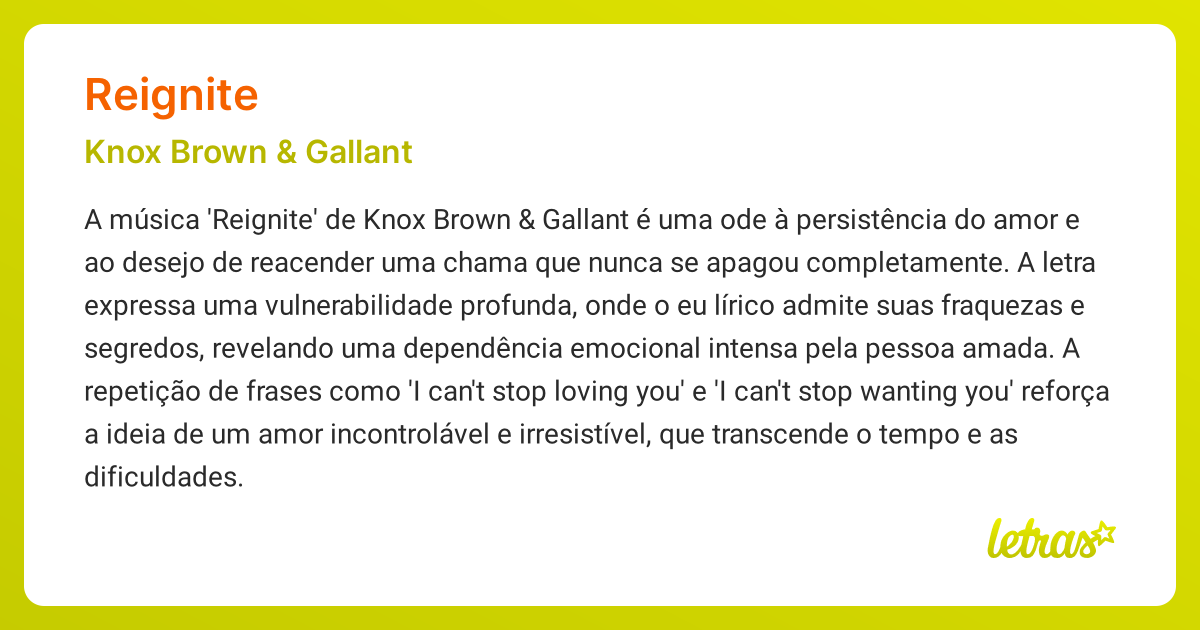 Significado da música REIGNITE (Knox Brown & Gallant) - LETRAS.MUS.BR