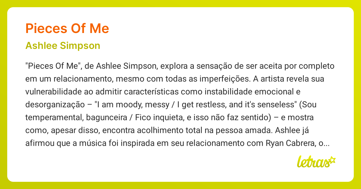Significado da música PIECES OF ME (Ashlee Simpson) - LETRAS.MUS.BR