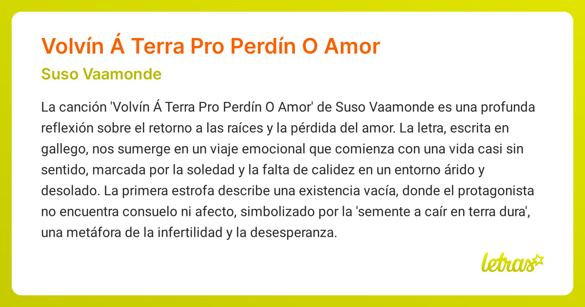 Significado de la canción Volvín Á Terra Pro Perdín O Amor (Suso Vaamonde) - LETRAS.COM