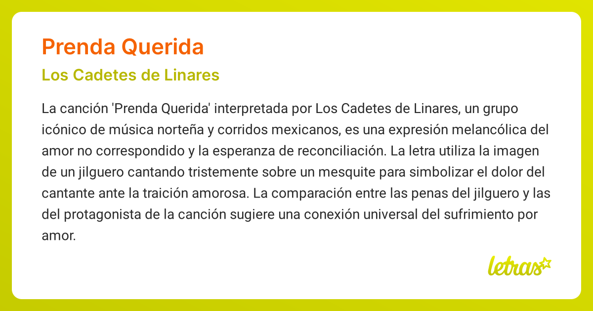 Significado de la canción PRENDA QUERIDA (Los Cadetes de Linares ...