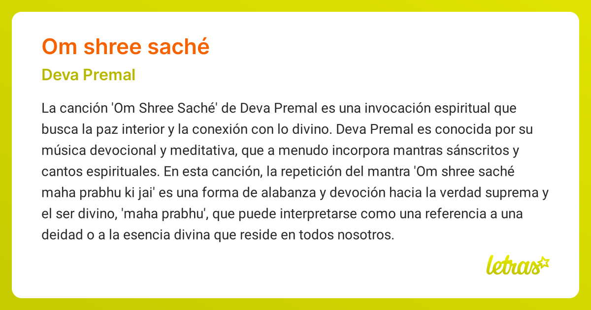 Significado de la canción OM SHREE SACHÉ (Deva Premal) - LETRAS.COM