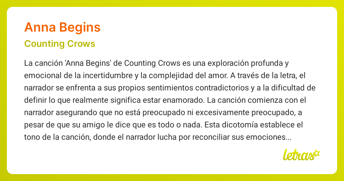 Significado de la canción ANNA BEGINS (Counting Crows) - LETRAS.COM