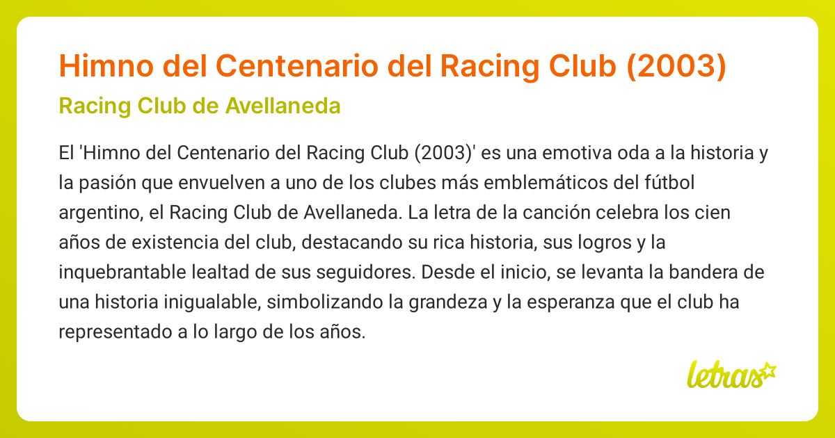 Significado de la canción Himno del Centenario del Racing Club (2003 ...