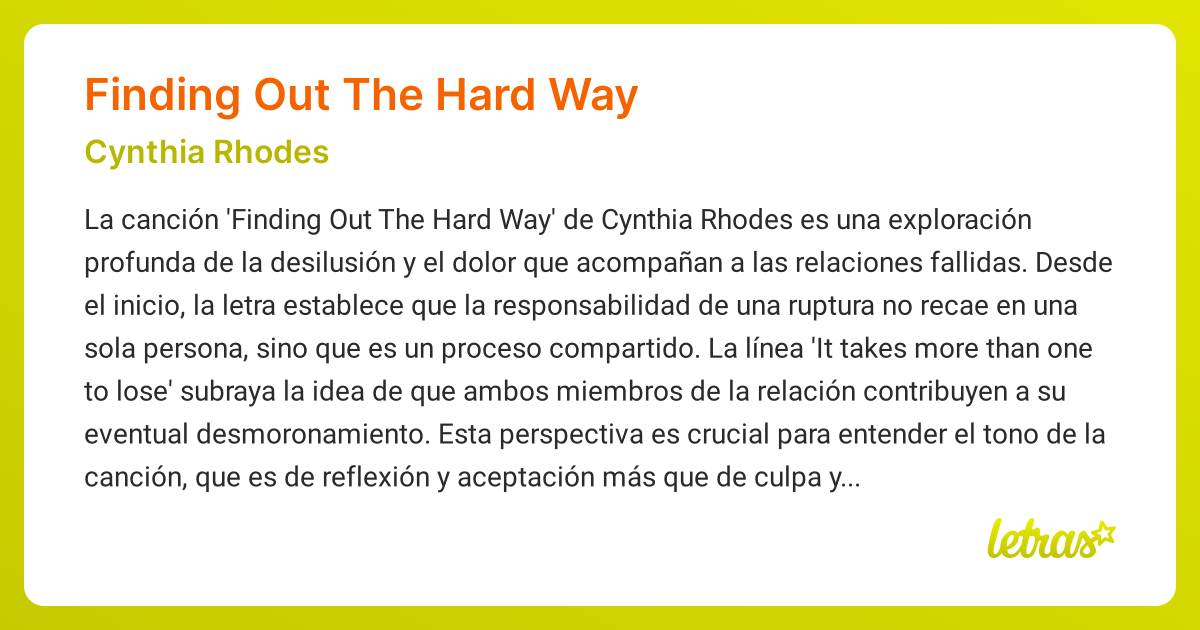 Significado de la canción FINDING OUT THE HARD WAY (Cynthia Rhodes ...