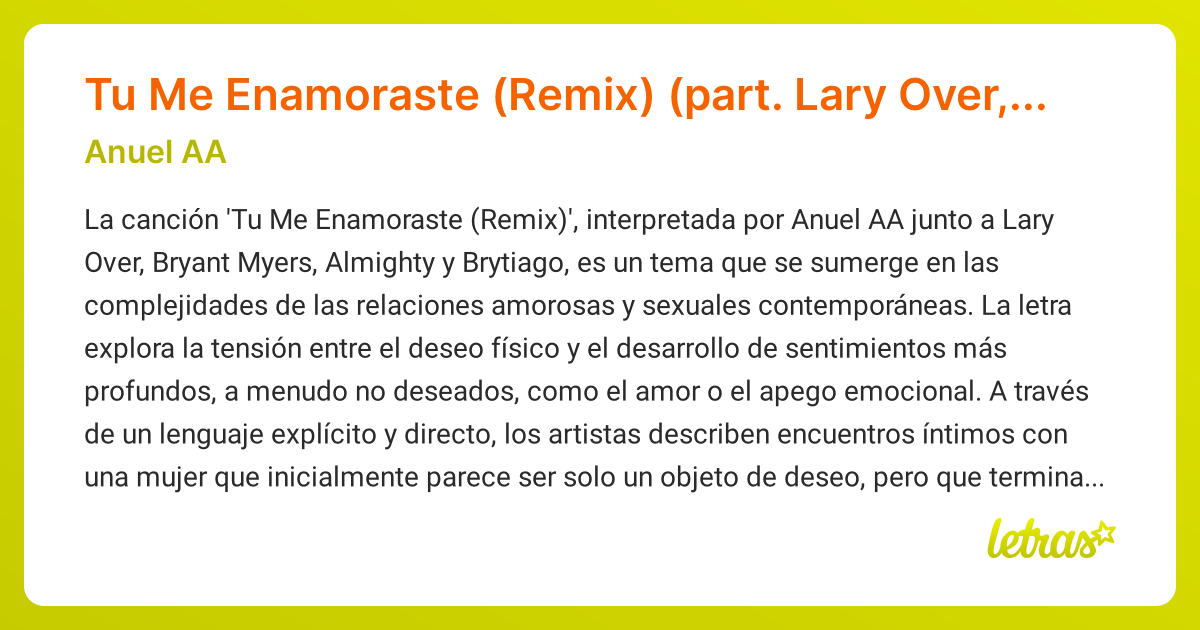 Significado de la canción Tu Me Enamoraste (Remix) (part. Lary Over ...
